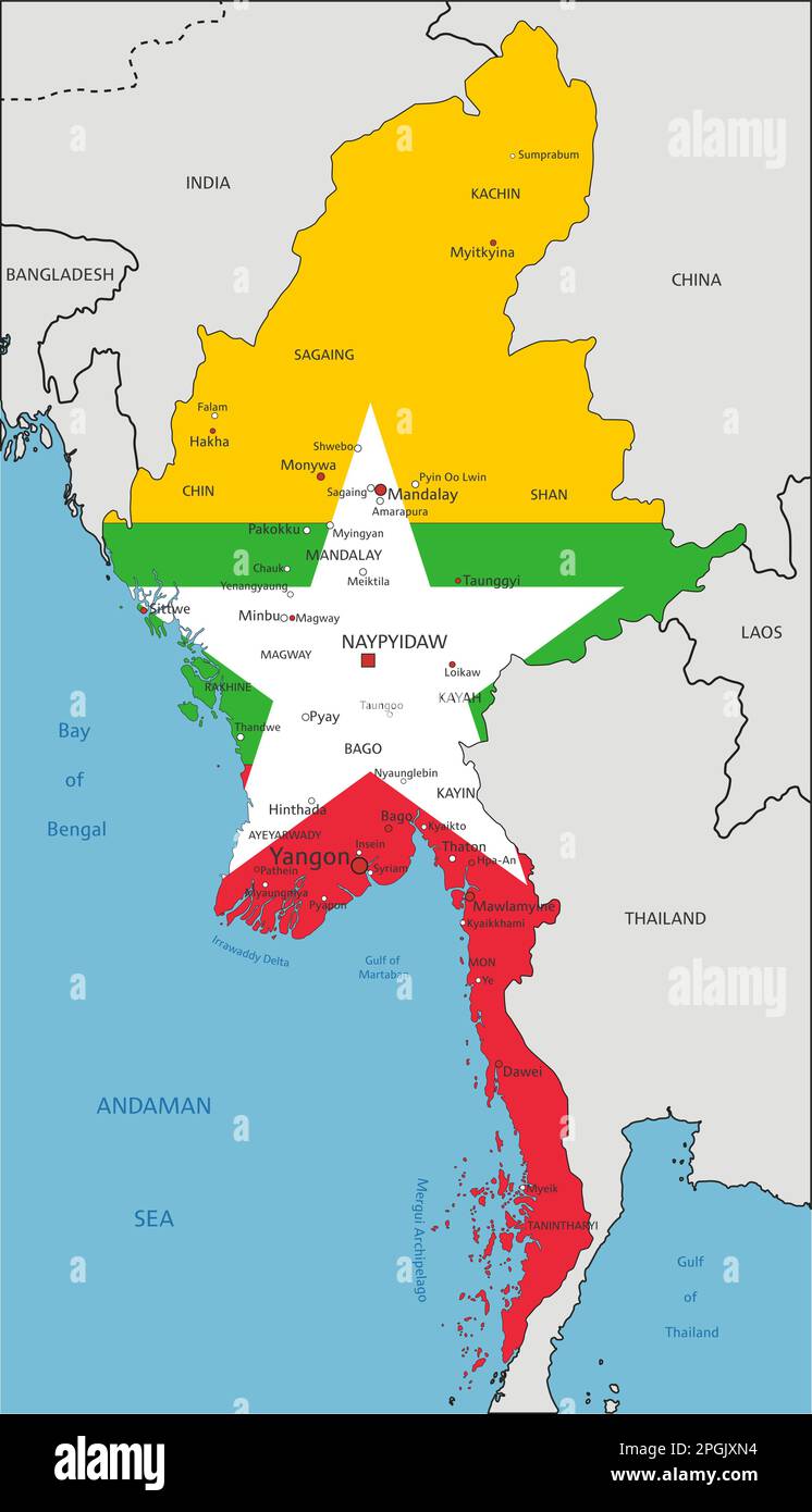 Myanmar highly detailed political map with national flag isolated on white background Stock ...