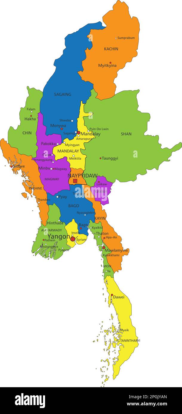 Colorful Myanmar political map with clearly labeled, separated layers ...