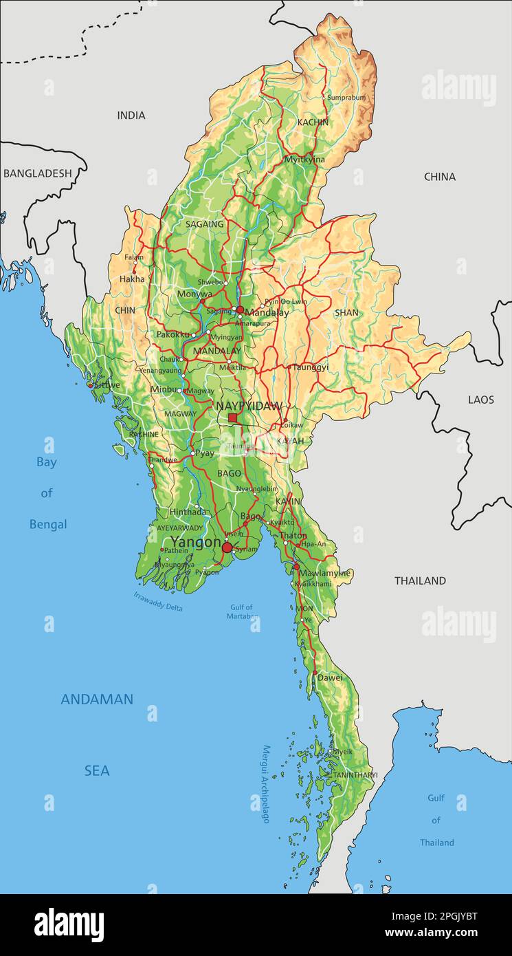 Highly detailed Myanmar physical map with labeling Stock Vector Image ...
