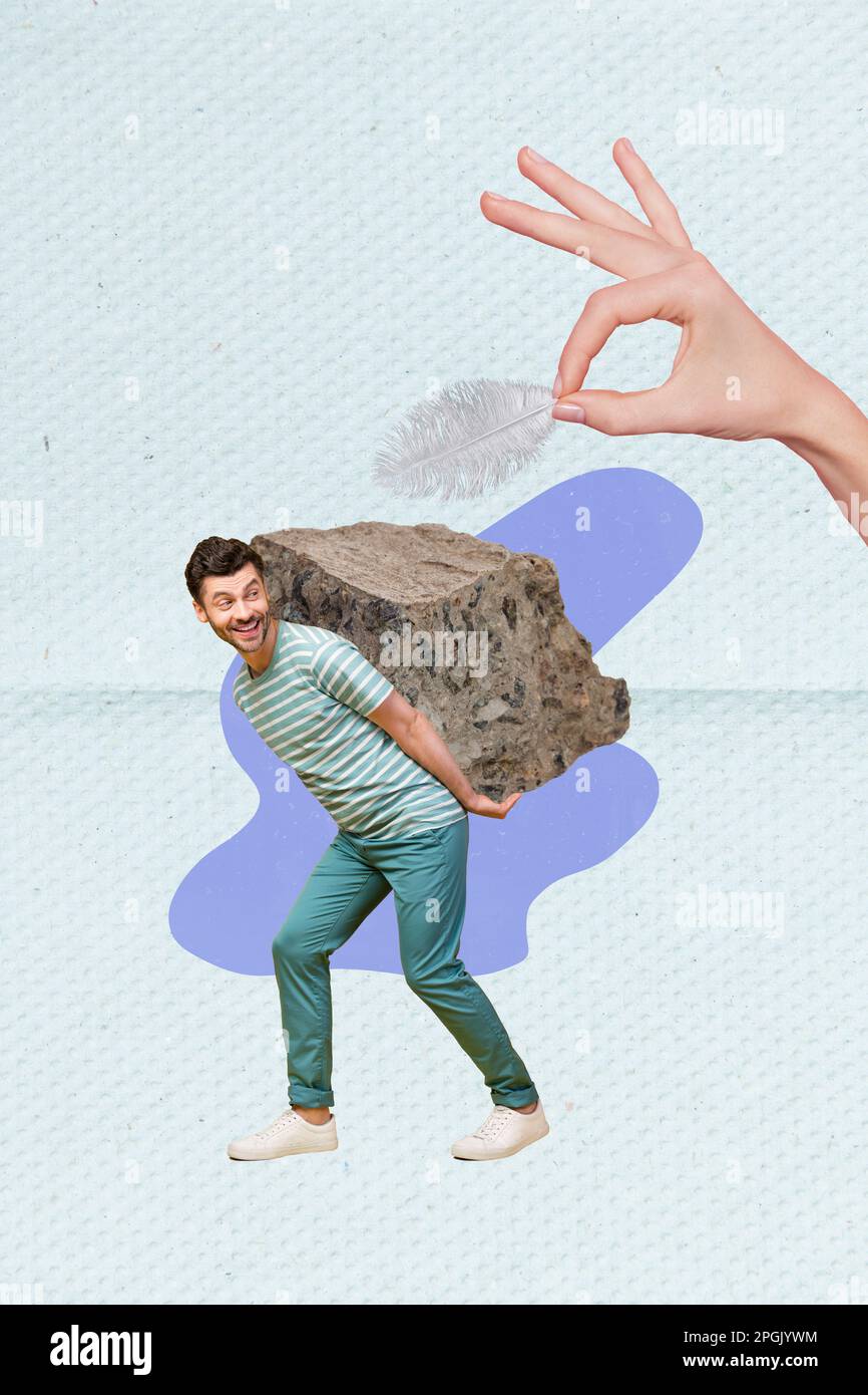 Creative photo collage artwork of young excited funky guy hold carrying ...