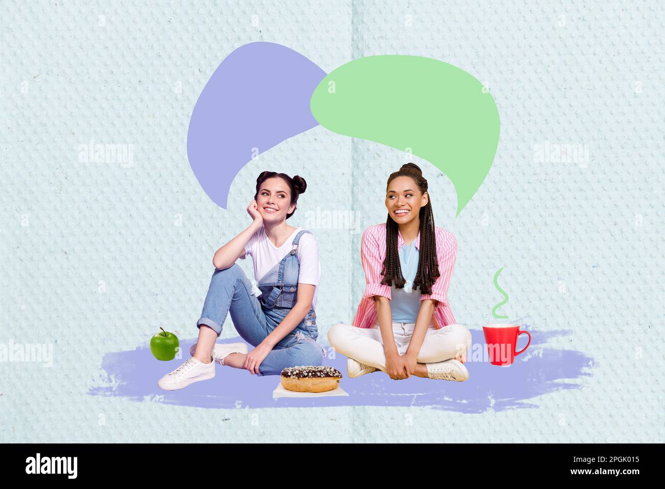 Collage creative design of two chilling young girls sitting ...