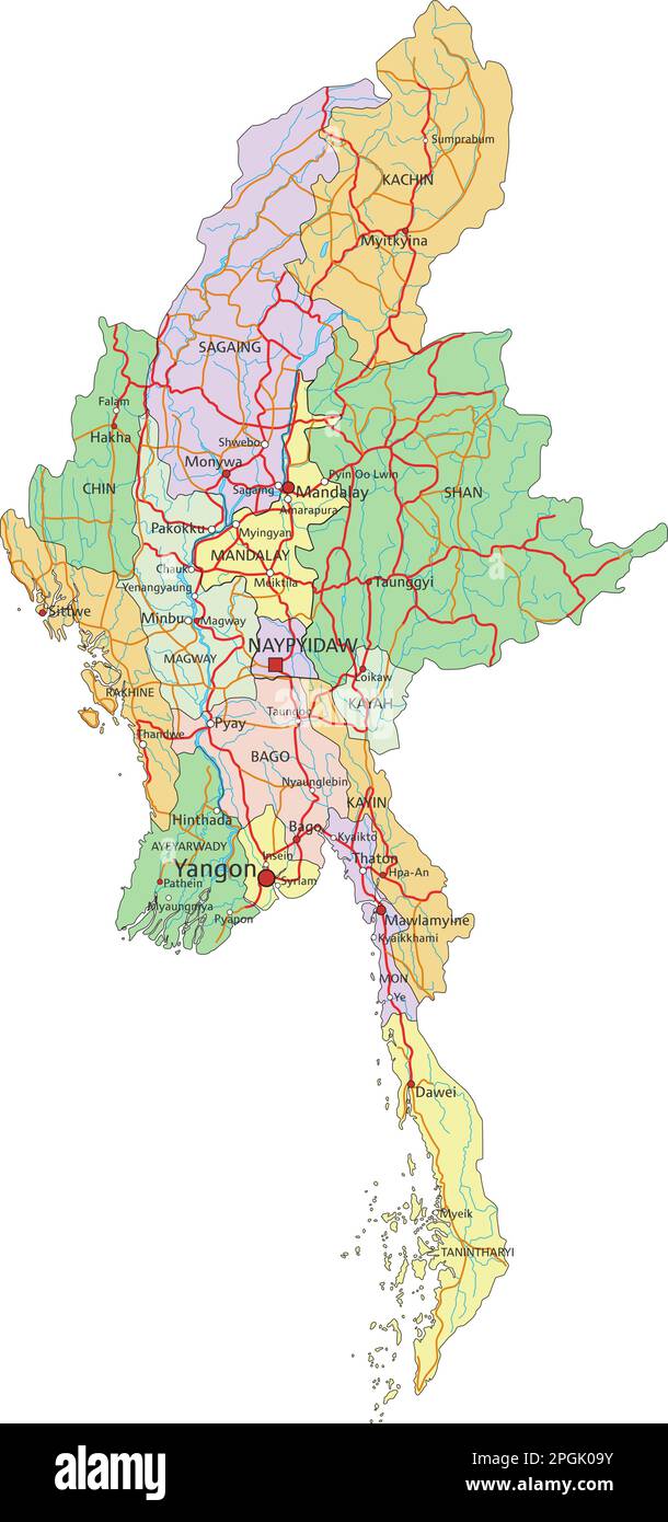 Myanmar - Highly detailed editable political map with labeling Stock ...