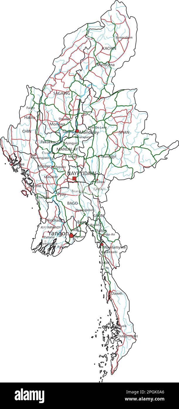 Myanmar road and highway map. Vector illustration Stock Vector Image ...