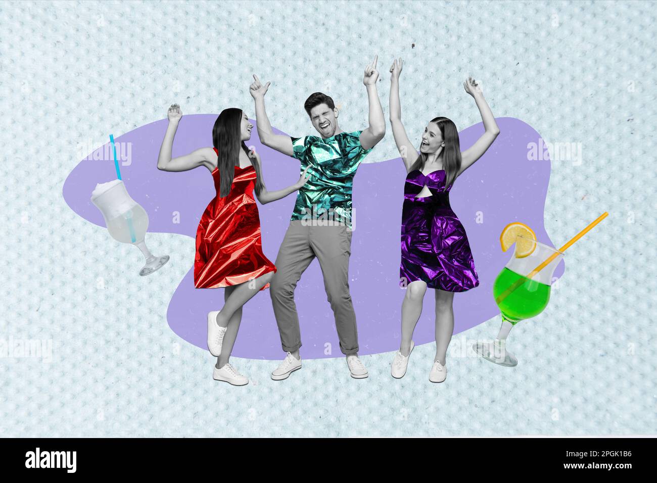 Collage banner party invitation youngsters three people dancing have ...