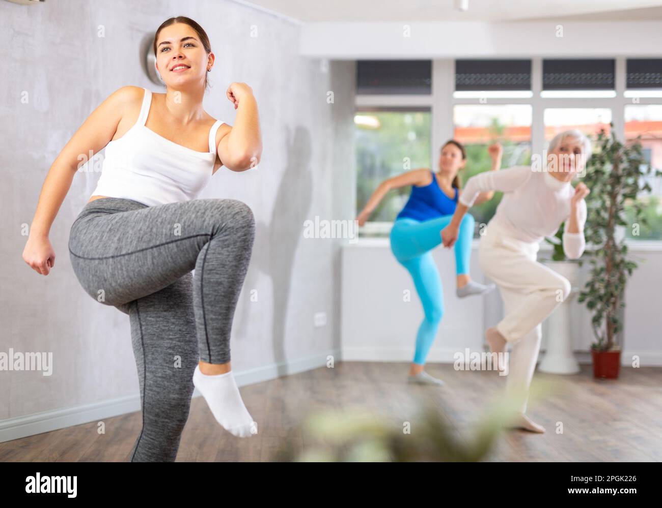 Energetic women of different ages warming up with dancing elements ...