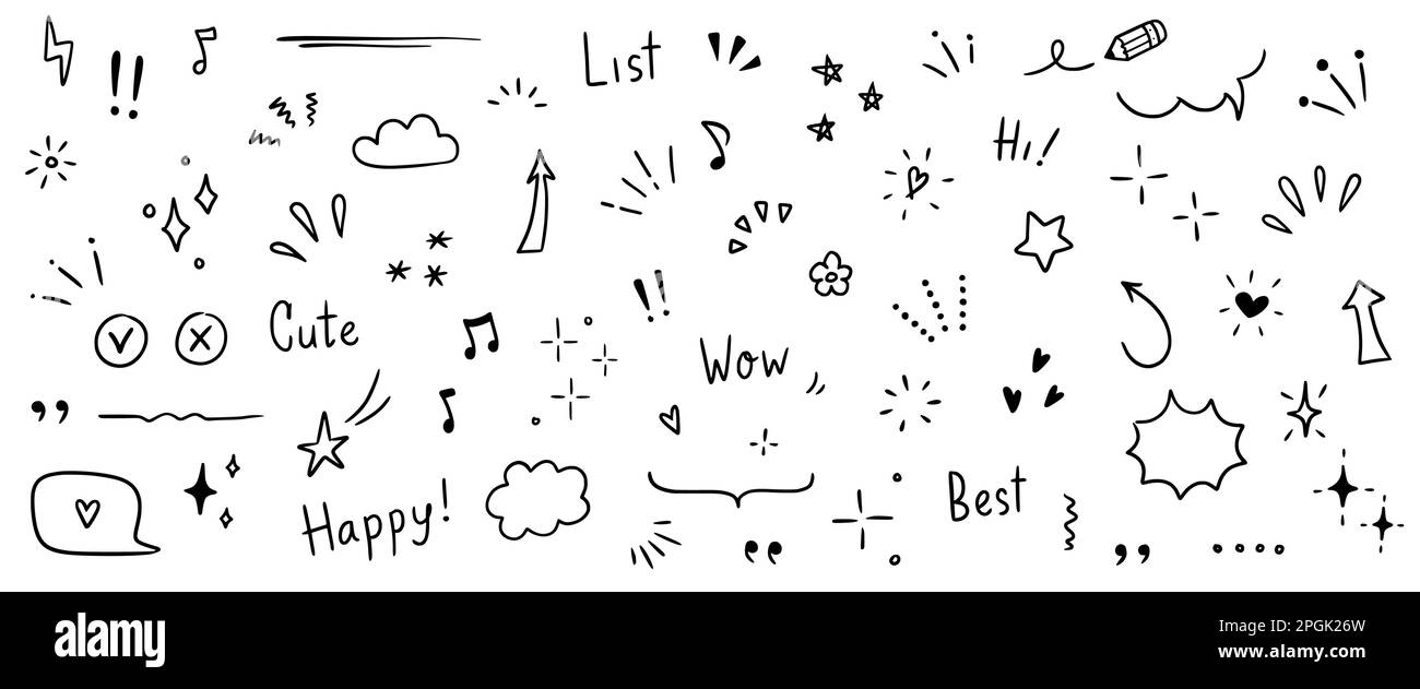 Doodle cute glitter pen line elements. Doodle heart, arrow, star ...