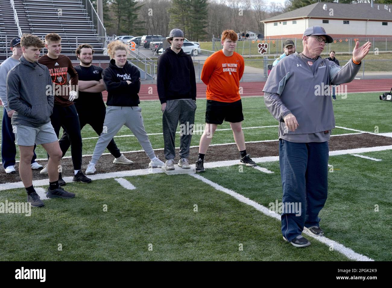 East Palestine High School baseball coach Bill Sattler instructs his ...