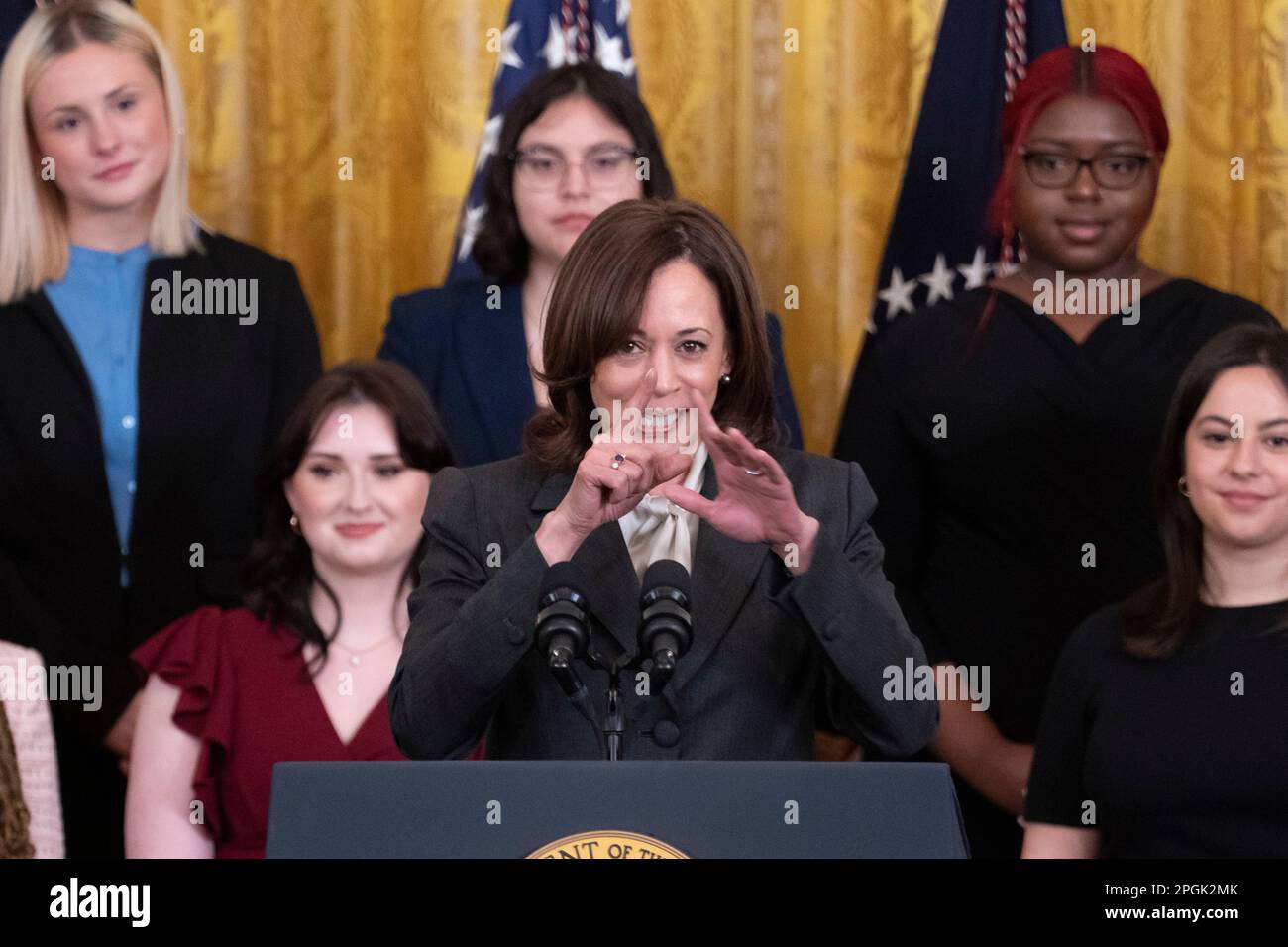 United States Vice President Kamala Harris speaks during a reception ...
