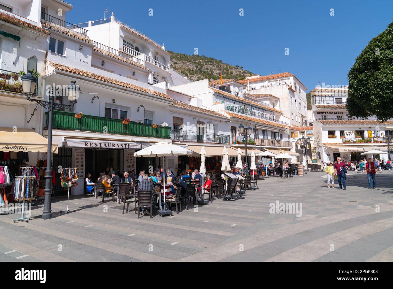 Mijas Pueblo cafe in main square plaza Andalusia Spain Spanish white ...