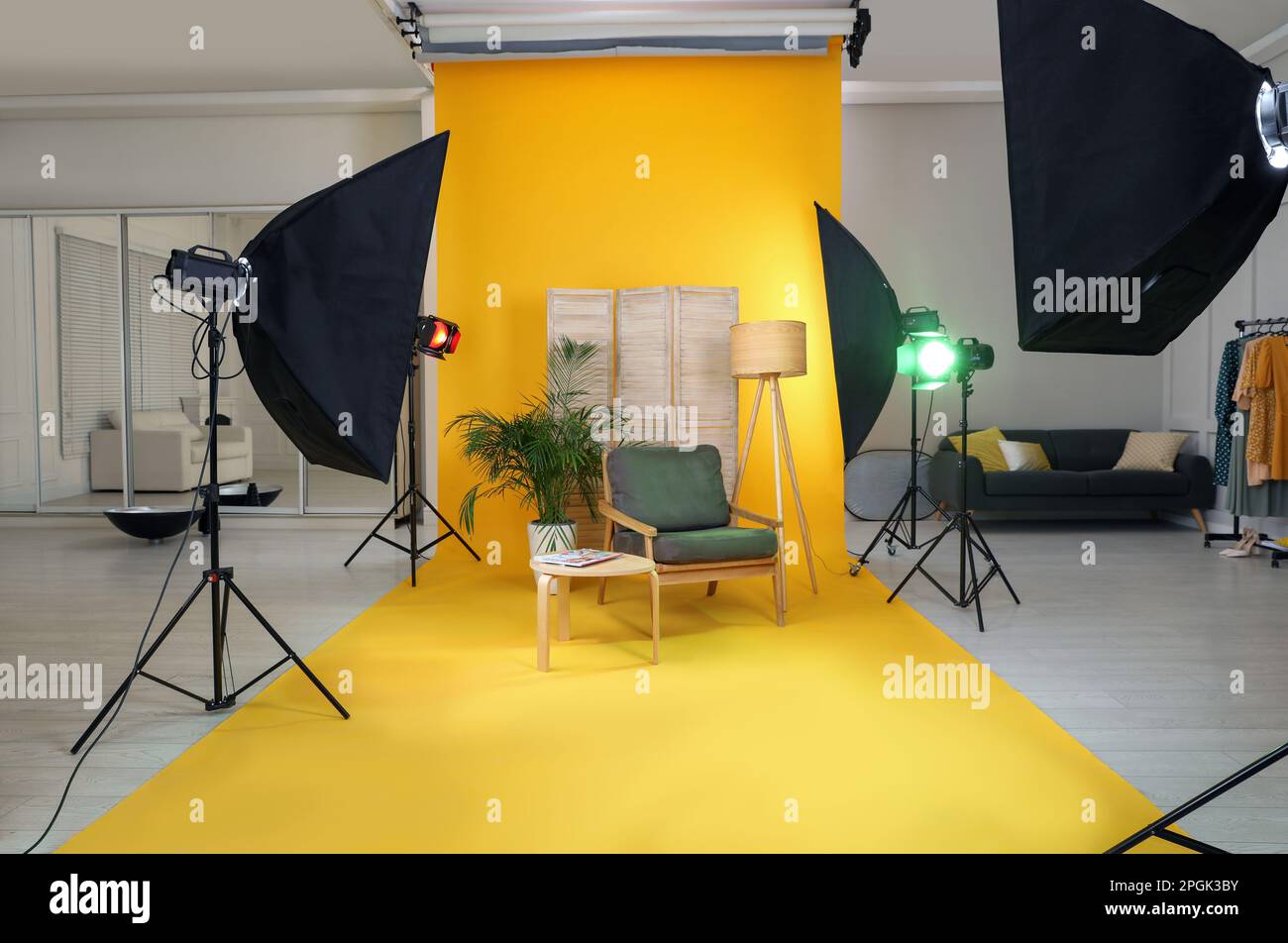 Stylish furniture in photo studio with professional equipment Stock ...