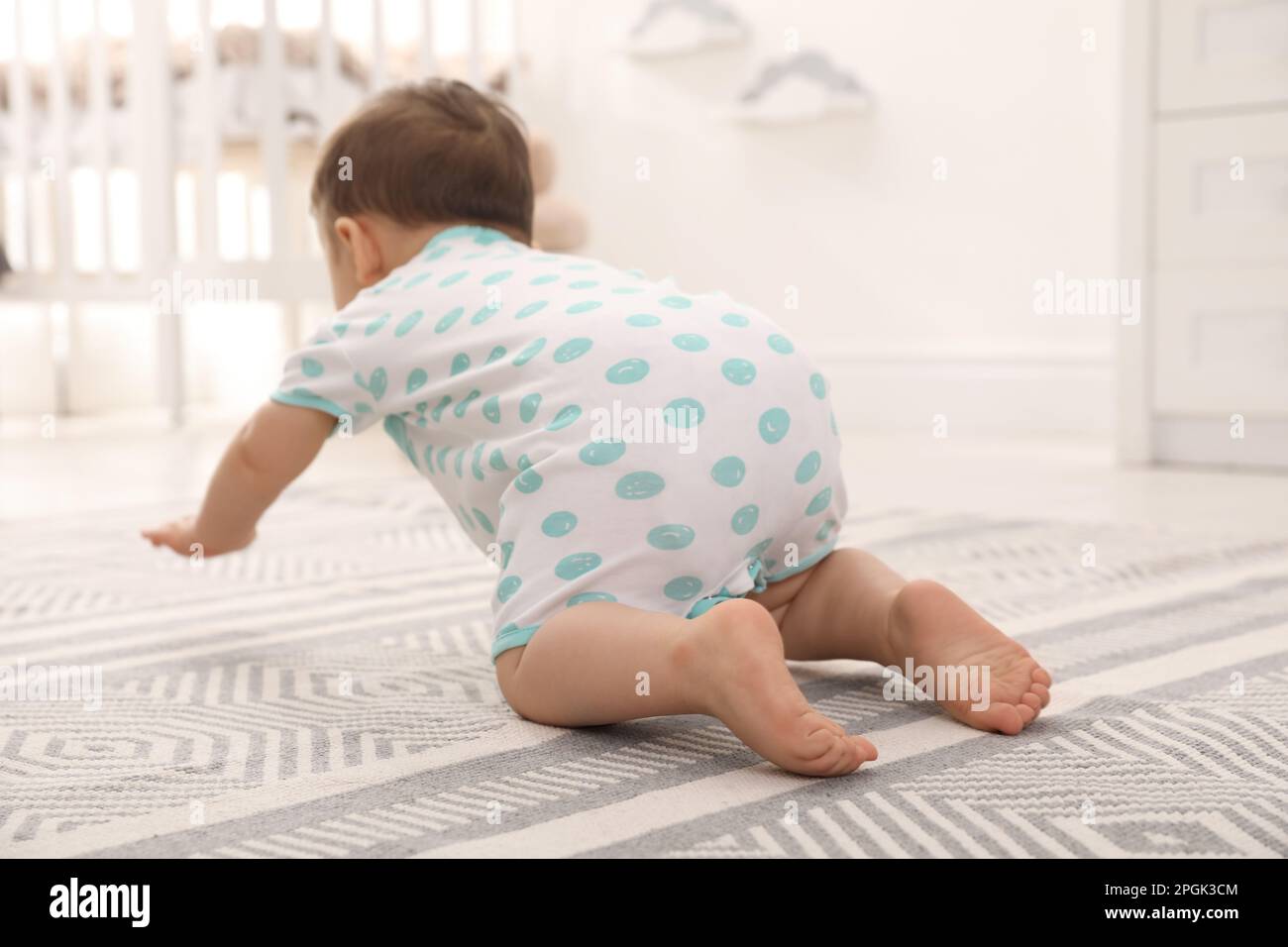 Cute baby crawling on floor at home, back view Stock Photo - Alamy