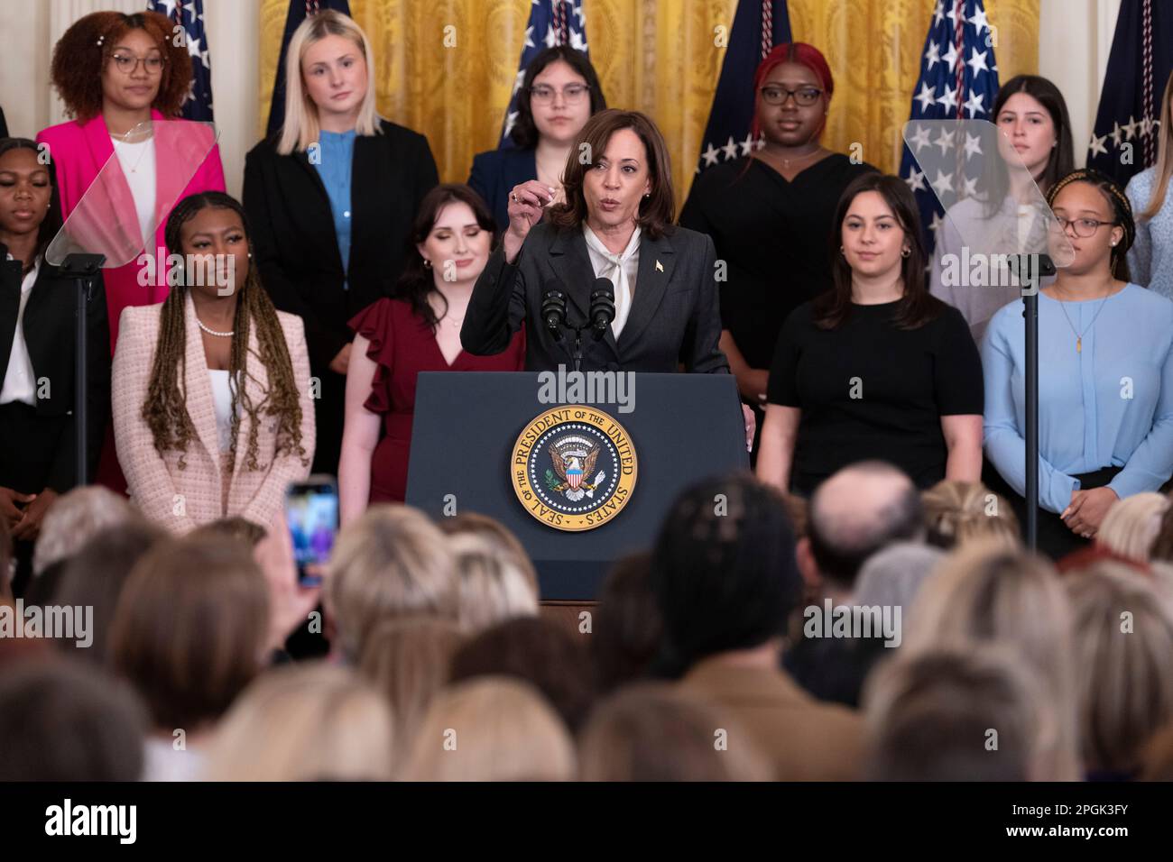 United States Vice President Kamala Harris speaks during a reception ...