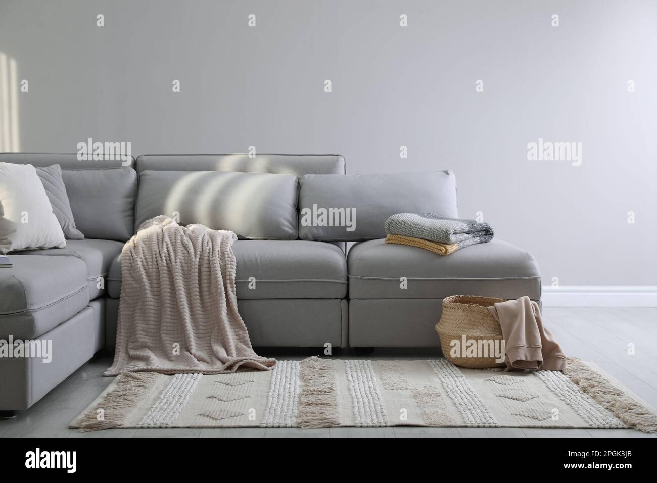 Living room interior with large grey sofa Stock Photo - Alamy