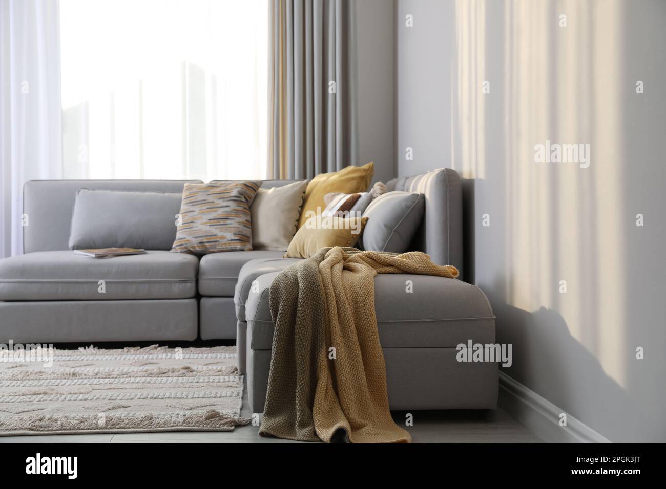 Large grey sofa in living room. Interior design Stock Photo - Alamy