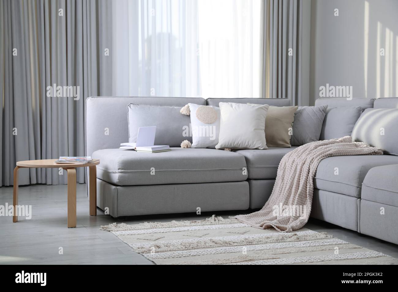 Living room interior with large grey sofa Stock Photo - Alamy