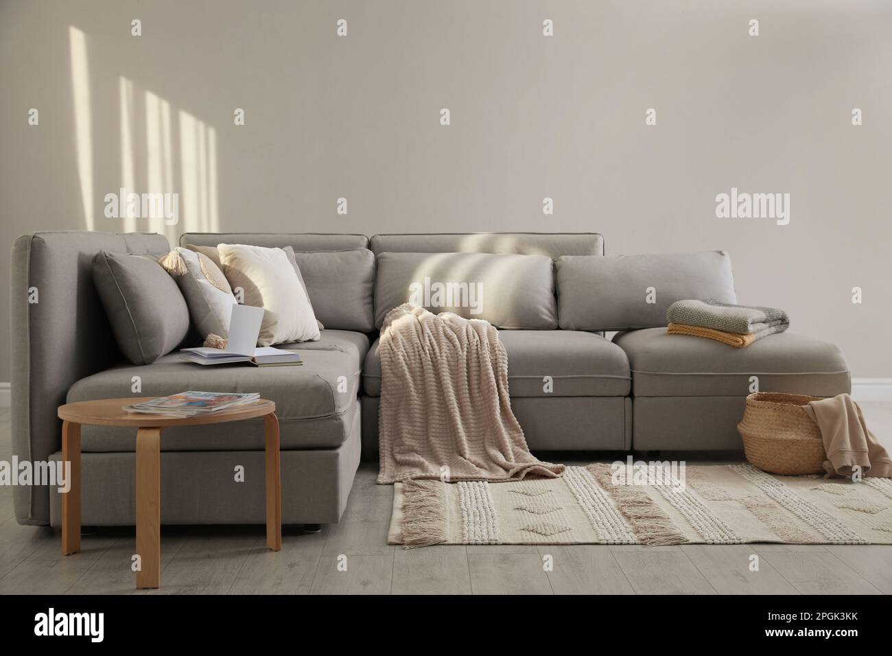 Living room interior with large grey sofa Stock Photo - Alamy
