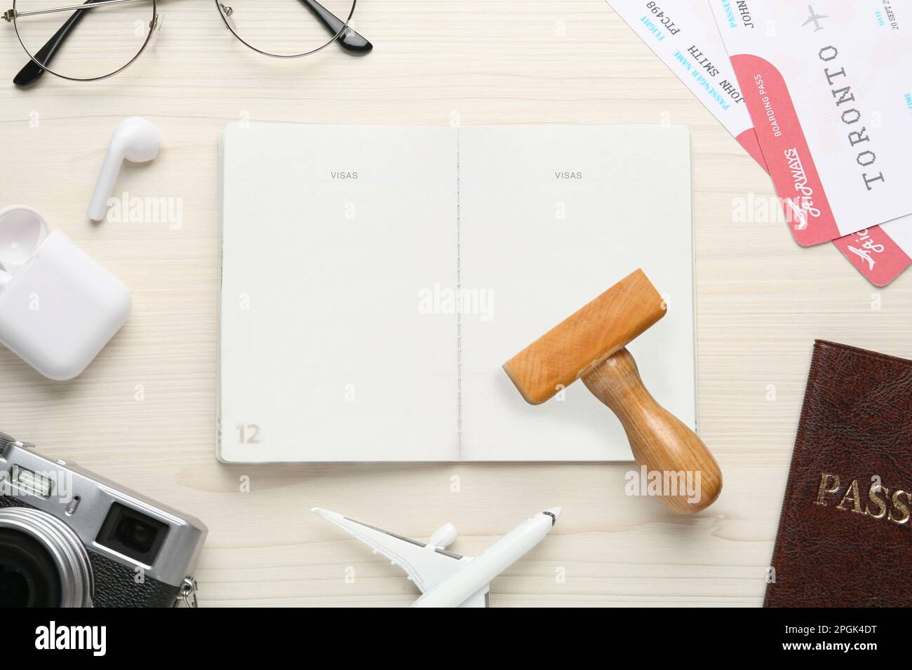 Flat lay composition with passports, stamp and flight tickets on white ...