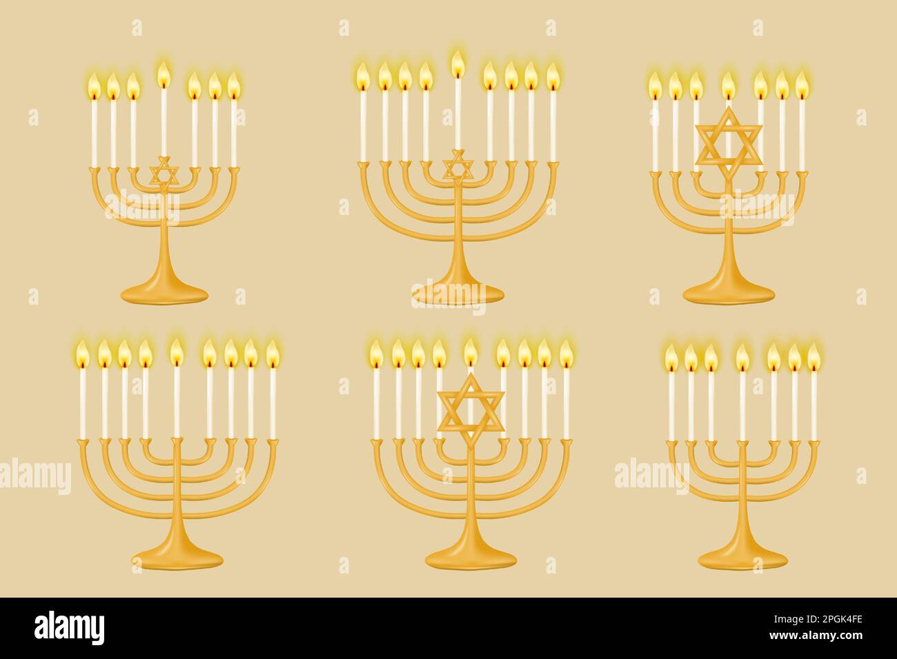 Set of gold Hanukkiah menorah for seven and nine candles on a beige ...
