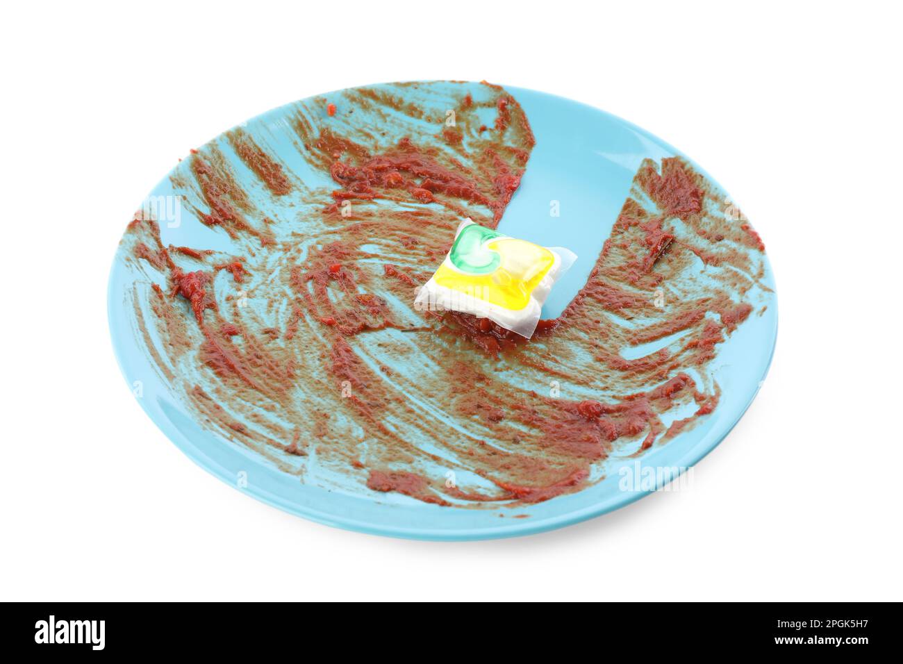 Dirty plate with dishwasher detergent pod isolated on white Stock Photo ...