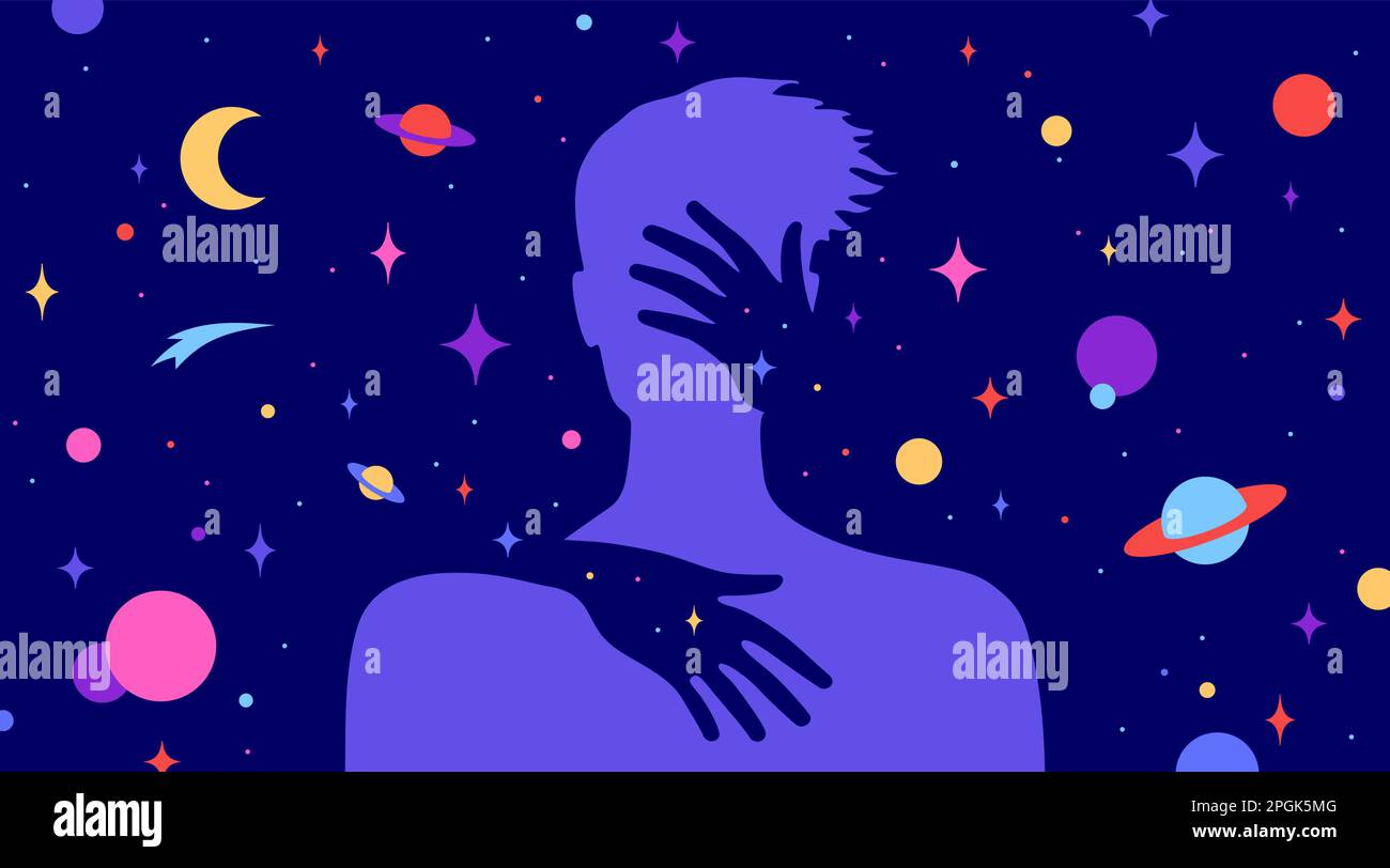 Modern flat character. Hands hug silhouette of man with dream universe ...