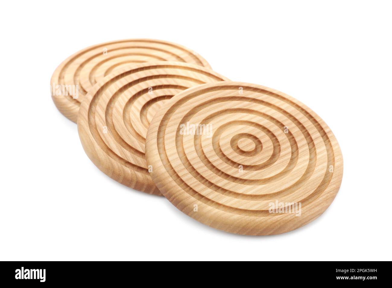 Stylish wooden cup coasters on white background Stock Photo - Alamy