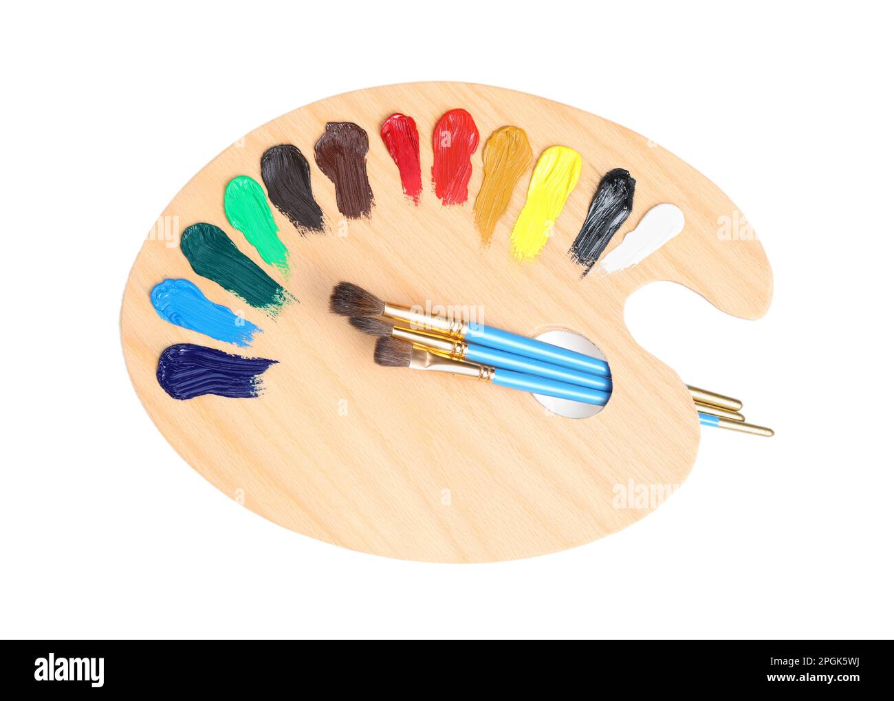 Palette with paints and brushes on white background, top view. Artist ...