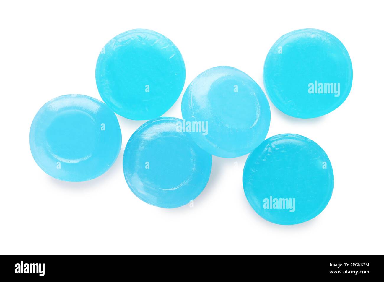 Many light blue cough drops on white background, top view Stock Photo ...