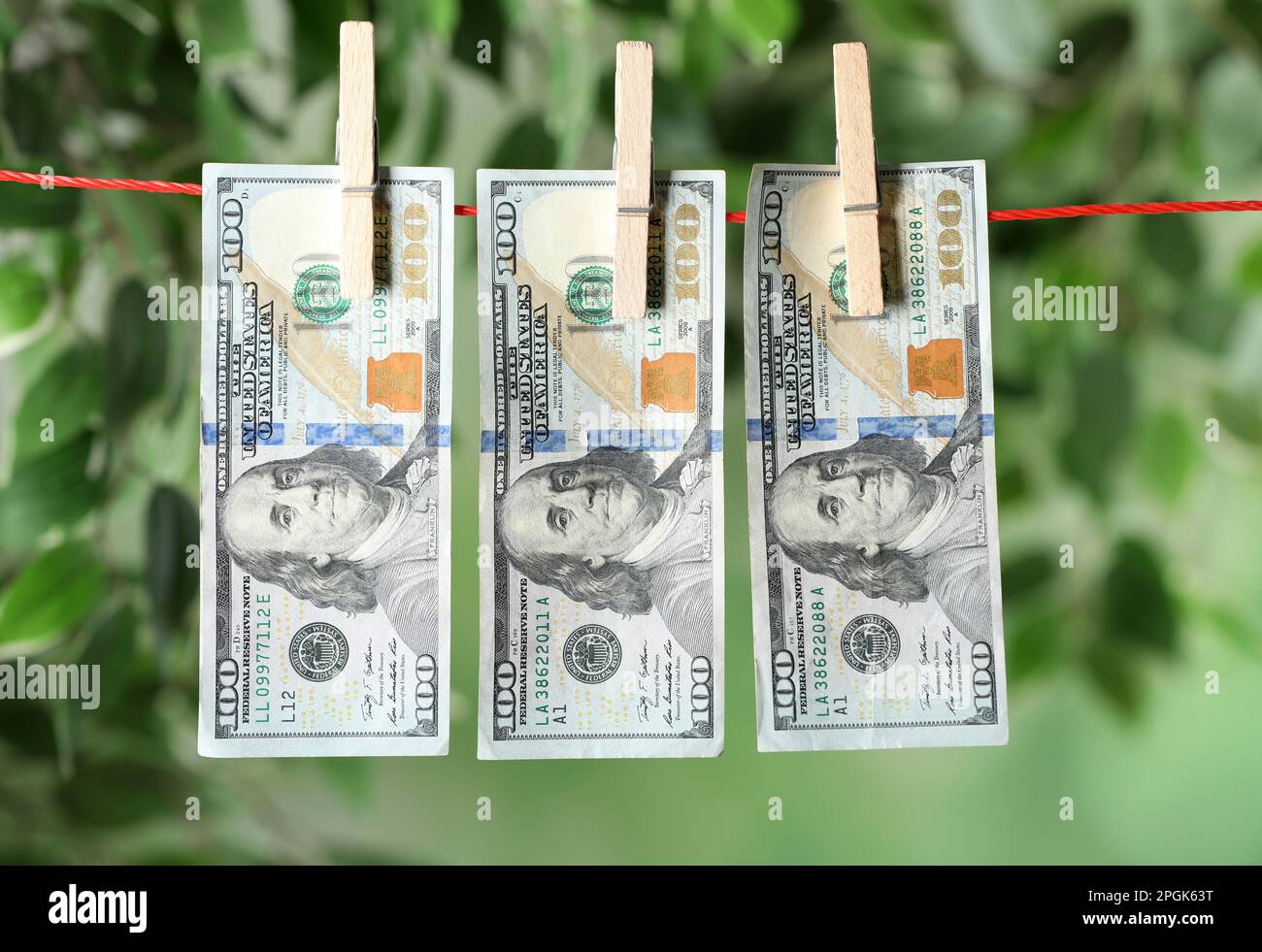 Dollar banknotes hanging on rope against blurred green background Stock ...