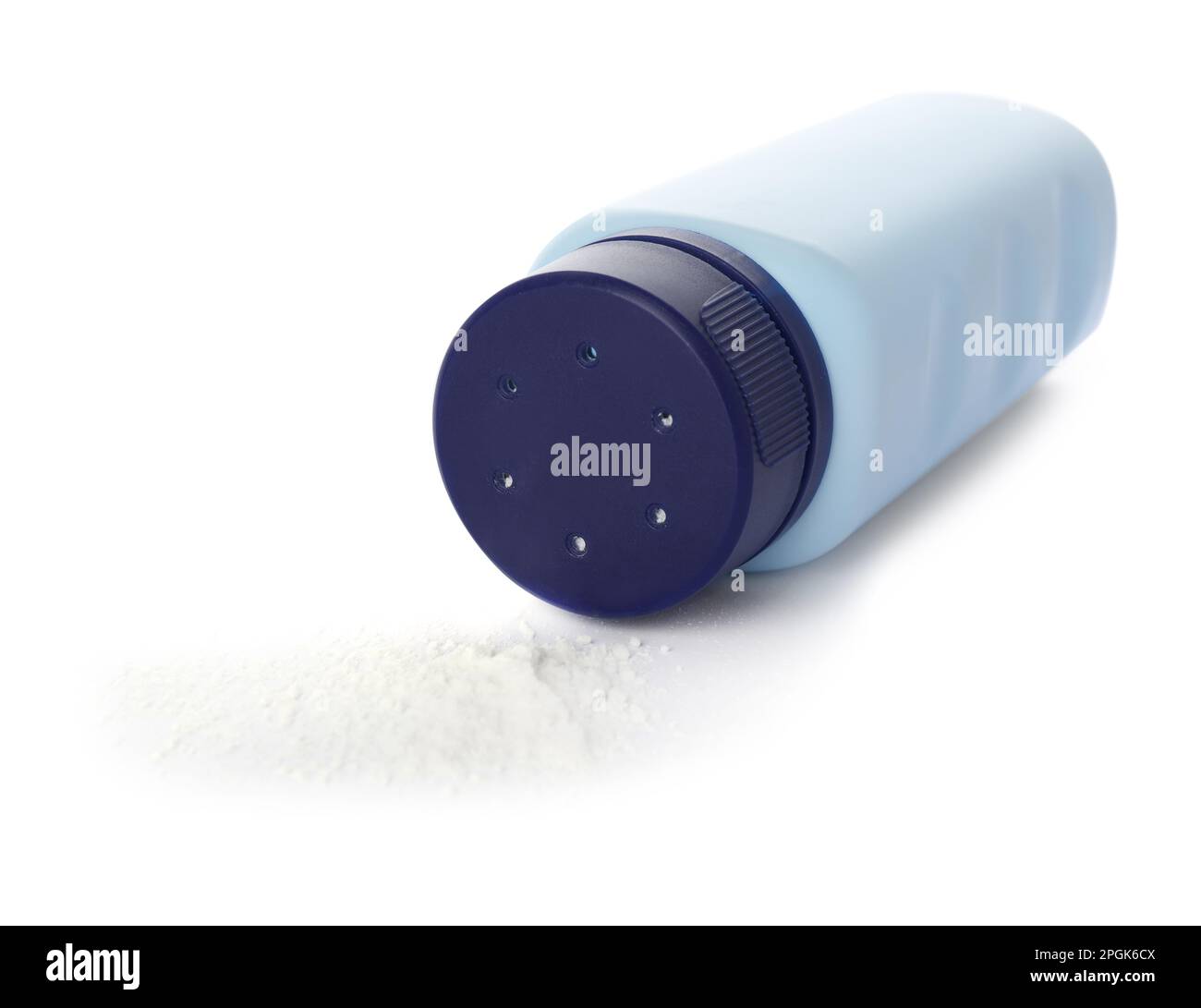 Bottle and scattered dusting powder on white background. Baby cosmetic ...