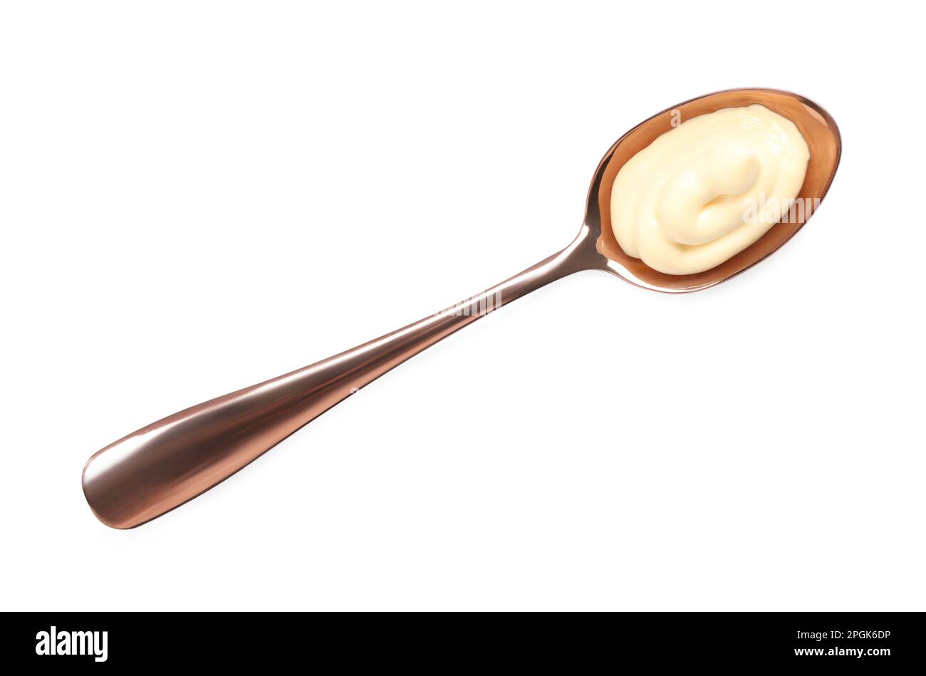 Spoon with tasty mayonnaise isolated on white, top view Stock Photo - Alamy