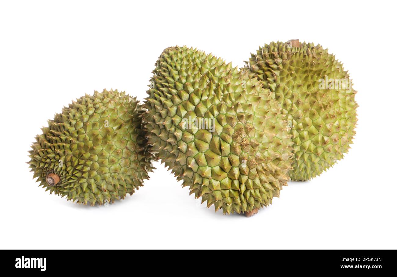 Whole ripe durian fruits on white background Stock Photo - Alamy