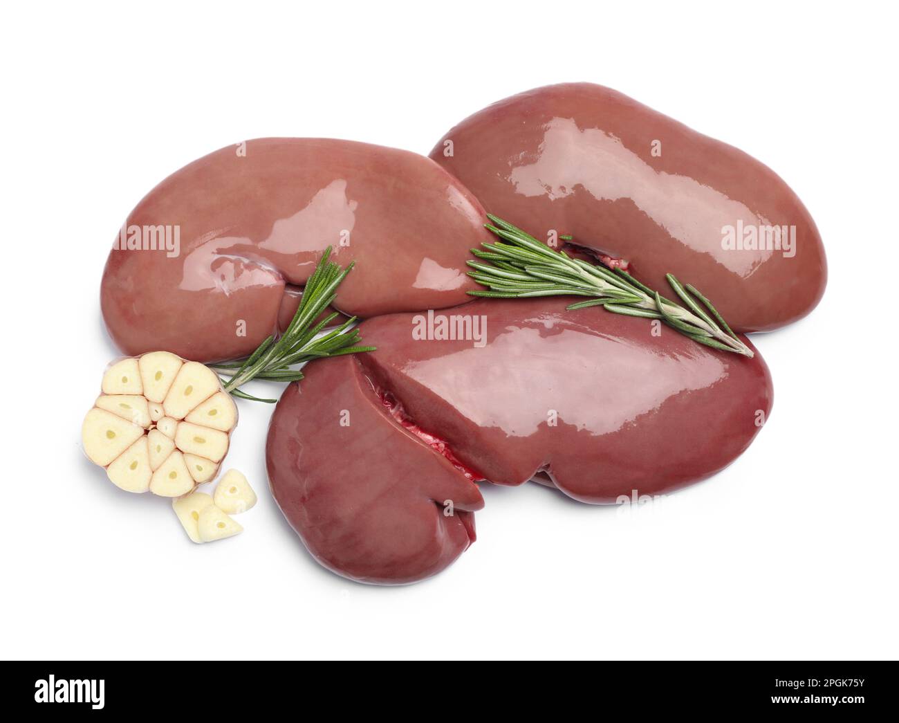 Fresh raw pork kidneys with rosemary and garlic on white background ...