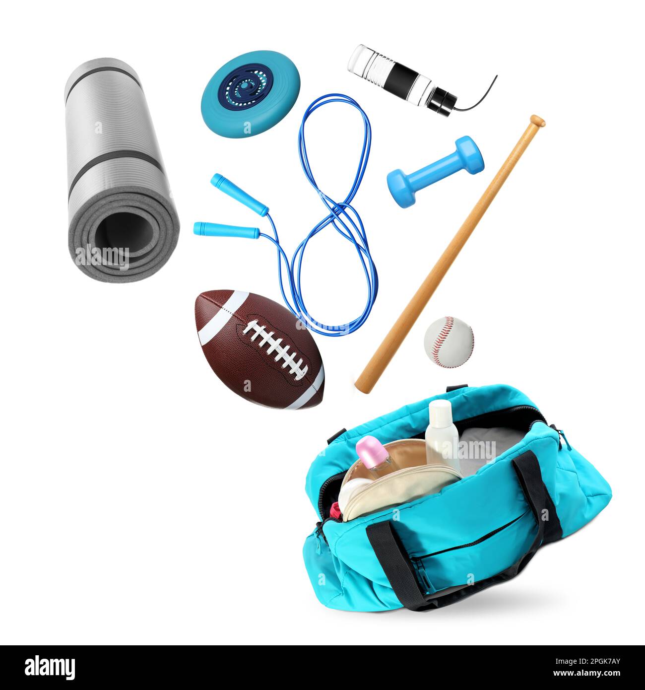 Sports bag and different gym stuff flying on white background Stock ...