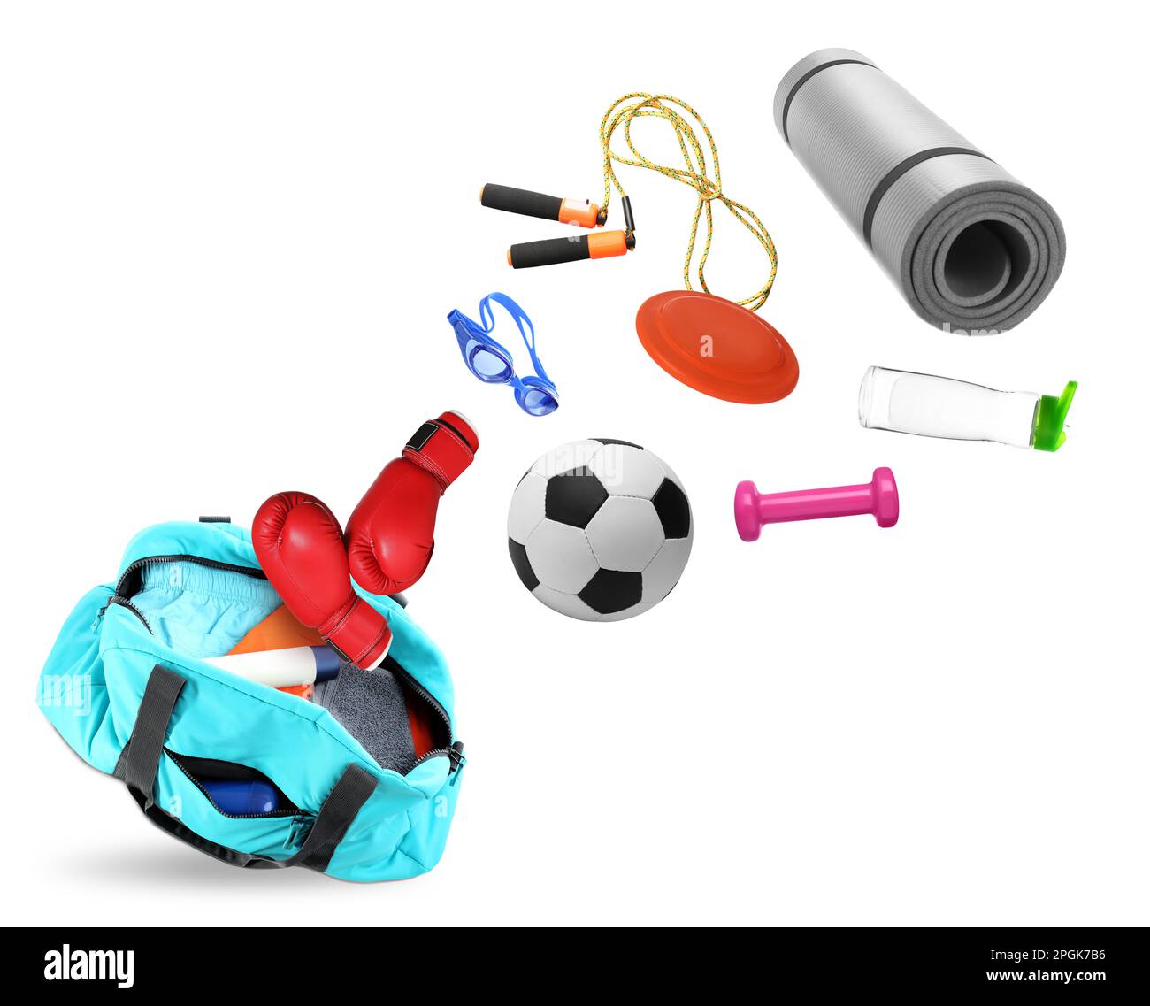 Sports bag and different gym stuff flying on white background Stock ...
