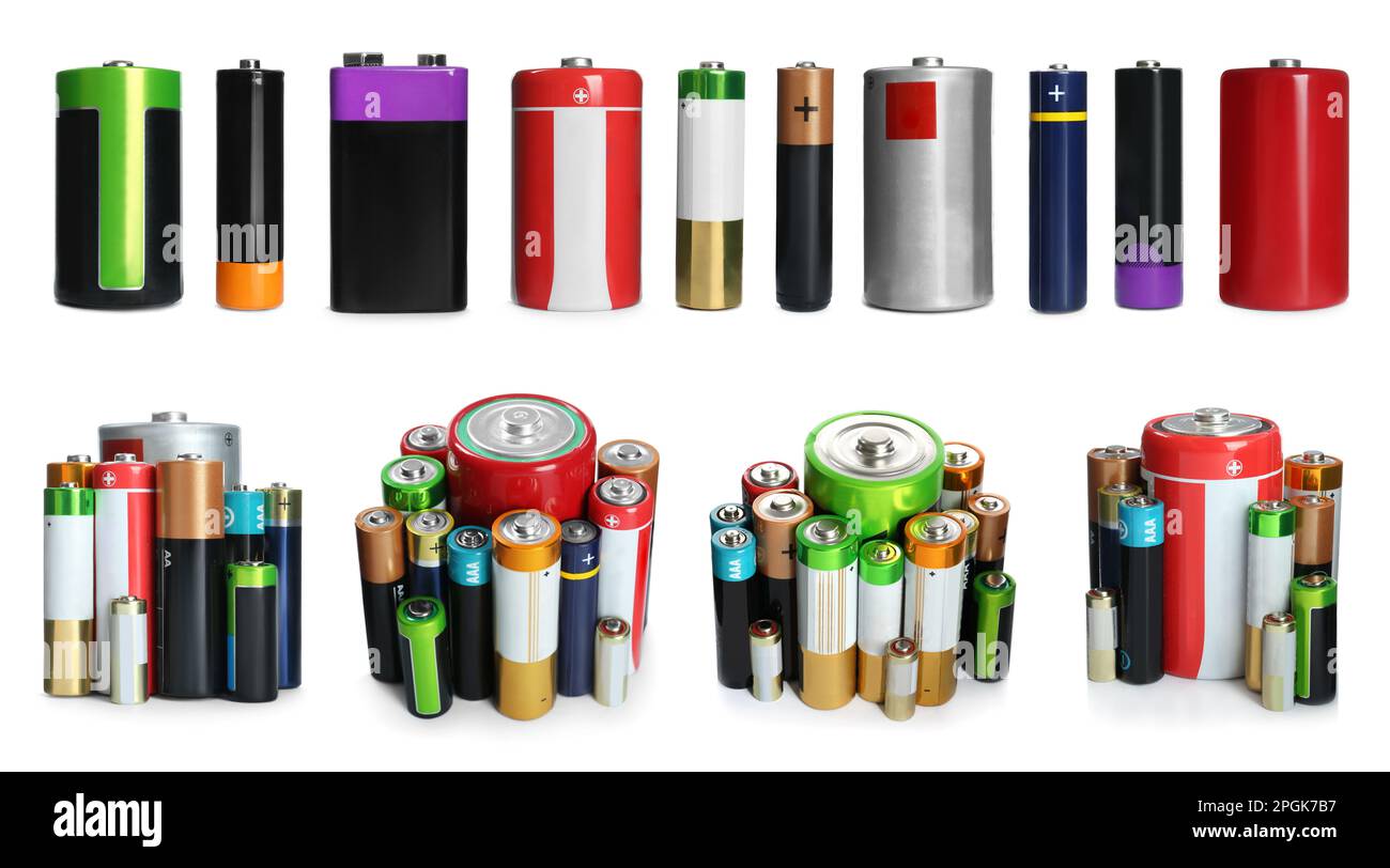 Many batteries of different types on white background, collage. Banner ...
