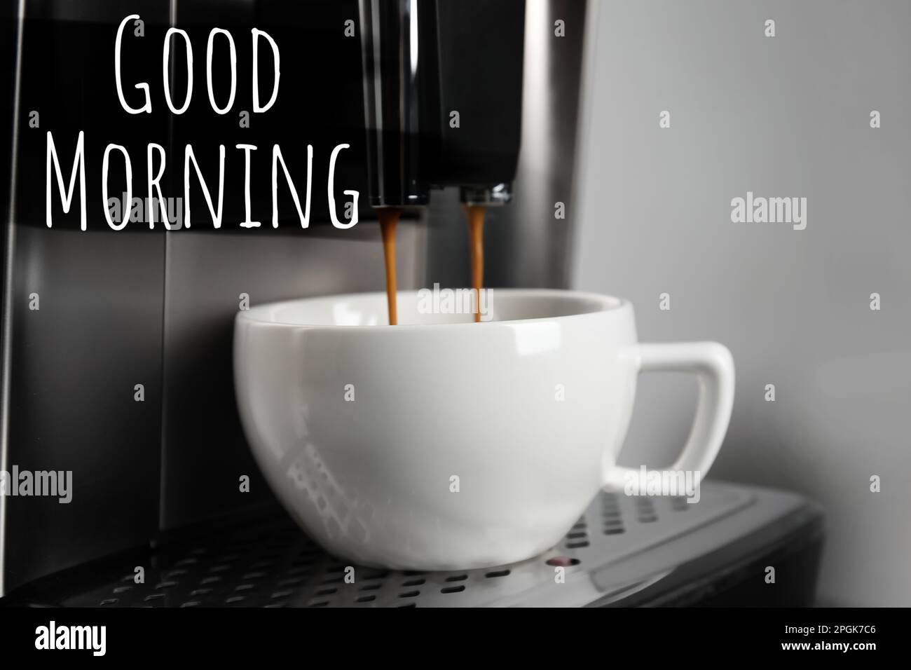 Espresso machine pouring coffee into cup, closeup. Good Morning Stock ...