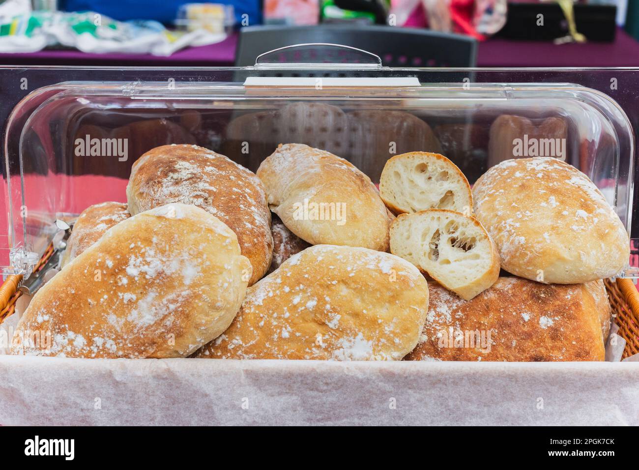 Fresh homemade Italian ciabatta bread in kitchen bakery shop Stock ...