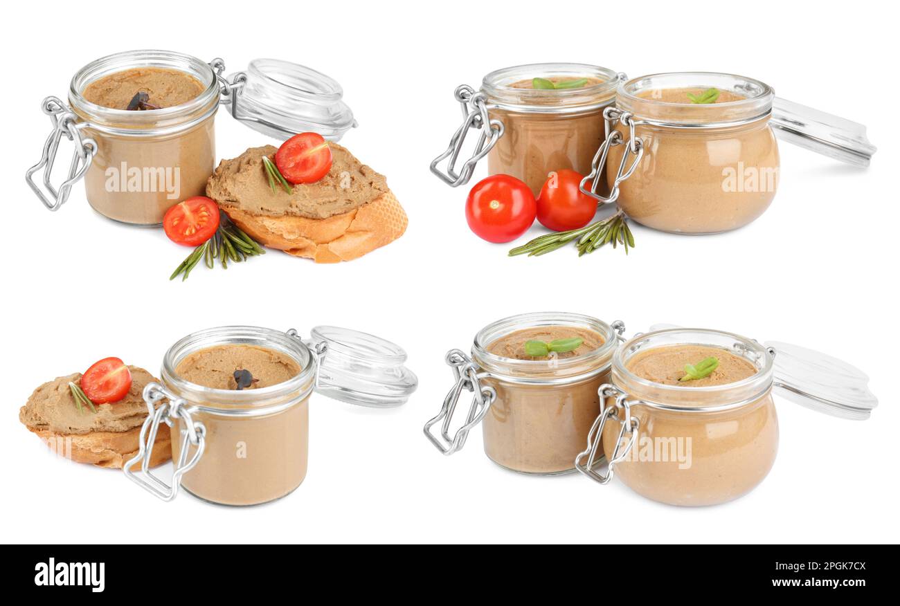 Glass jars with delicious liver pate on white background, collage Stock ...