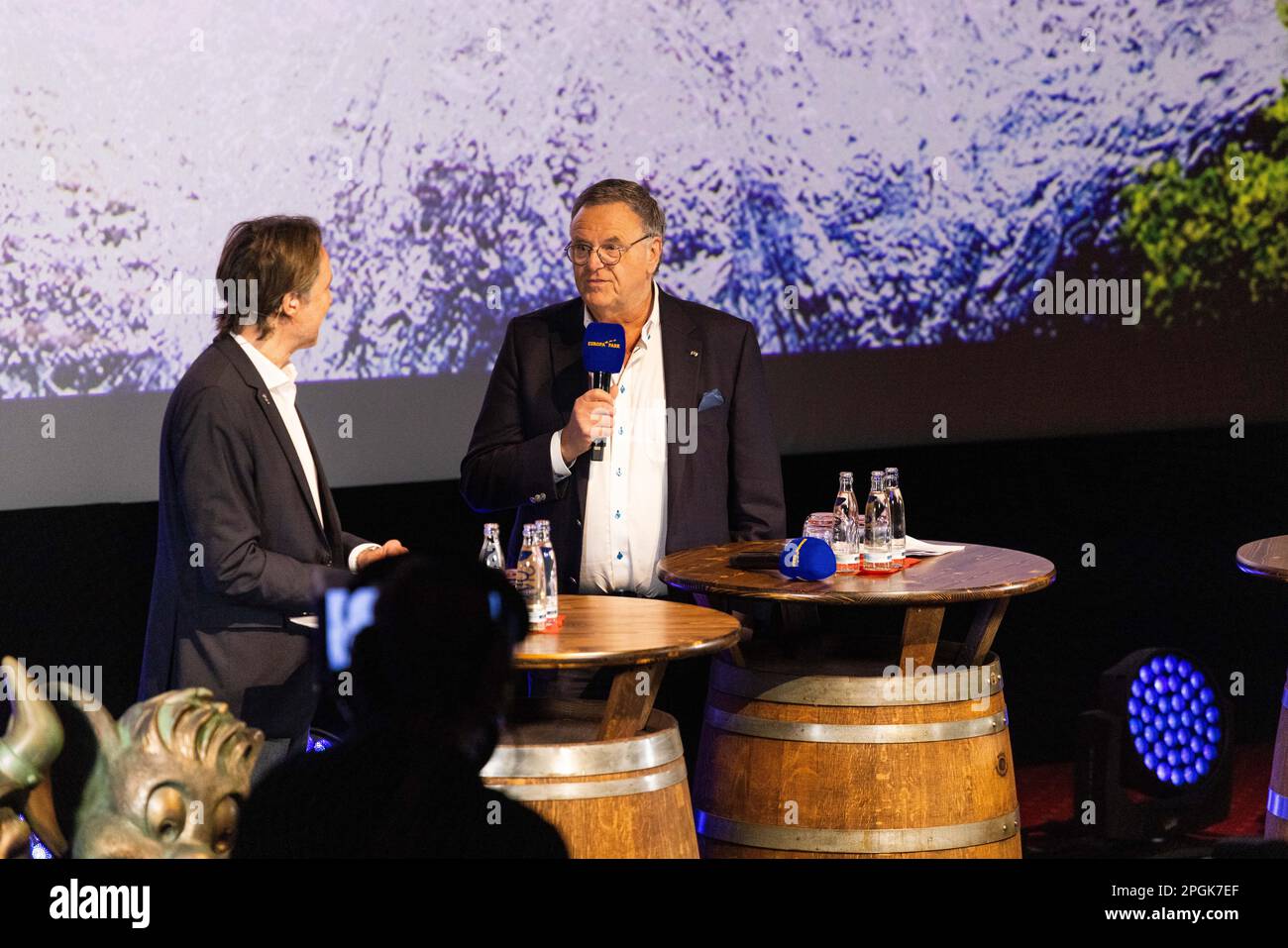 Rust, Germany. 23rd Mar, 2023. Presenter Ingo Dubinski (l) talks to ...