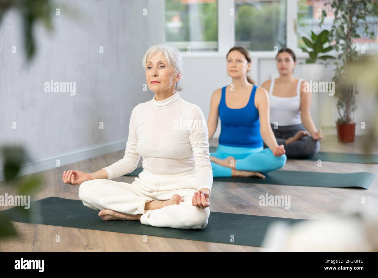 Focused older woman doing yoga poses with other women in yoga studio ...