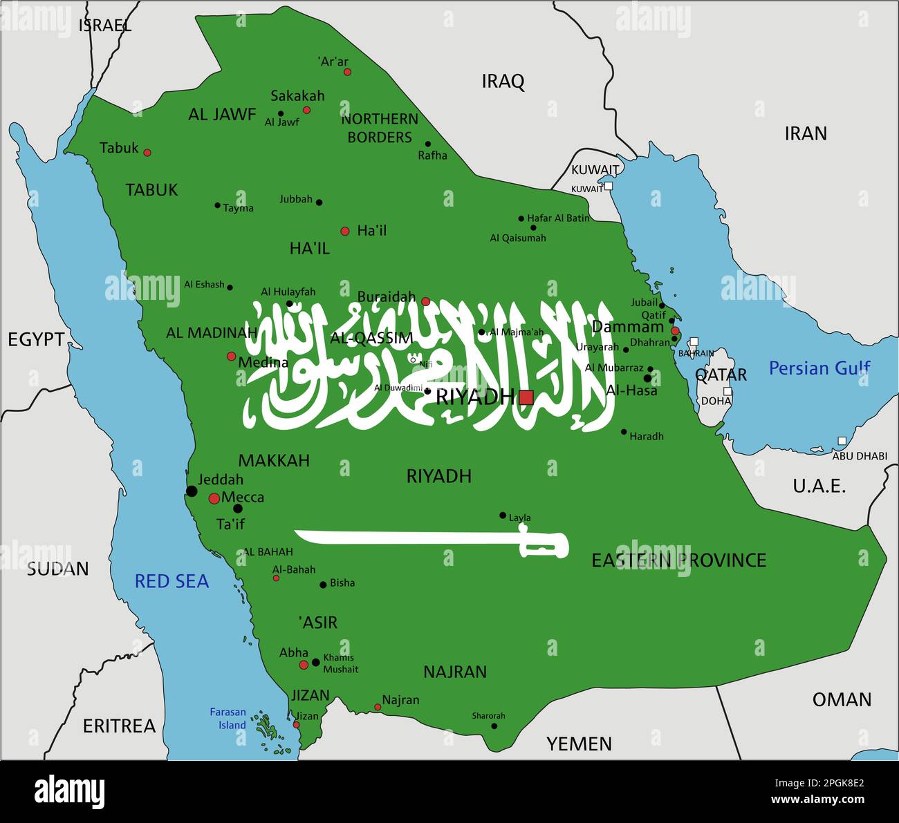 Saudi Arabia highly detailed political map with national flag isolated ...