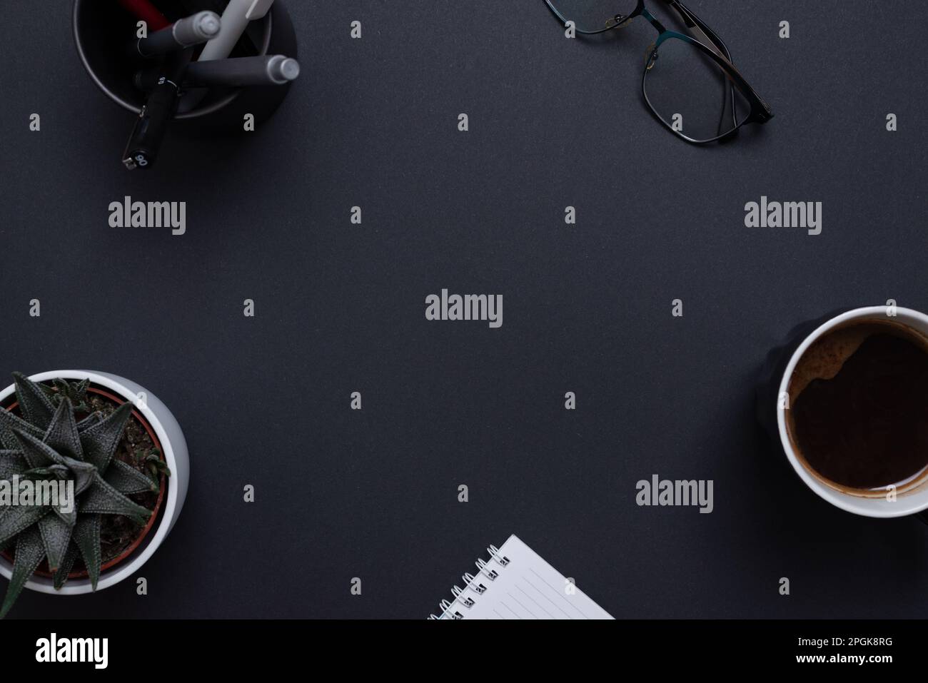 Top view, flat lay business composition with copy space in the middle ...