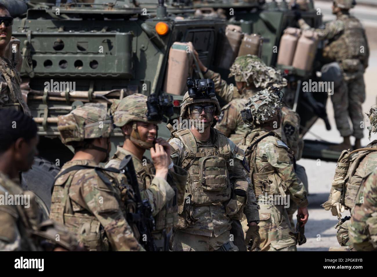 U.S. soldiers from the 2nd Infantry Division, Stryker Battalion prepare ...
