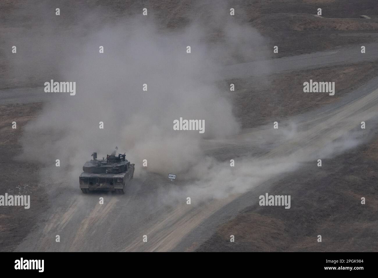 A South Korean army K1A1 tank, manufactured by Hyundai Rotem Co., fires ...