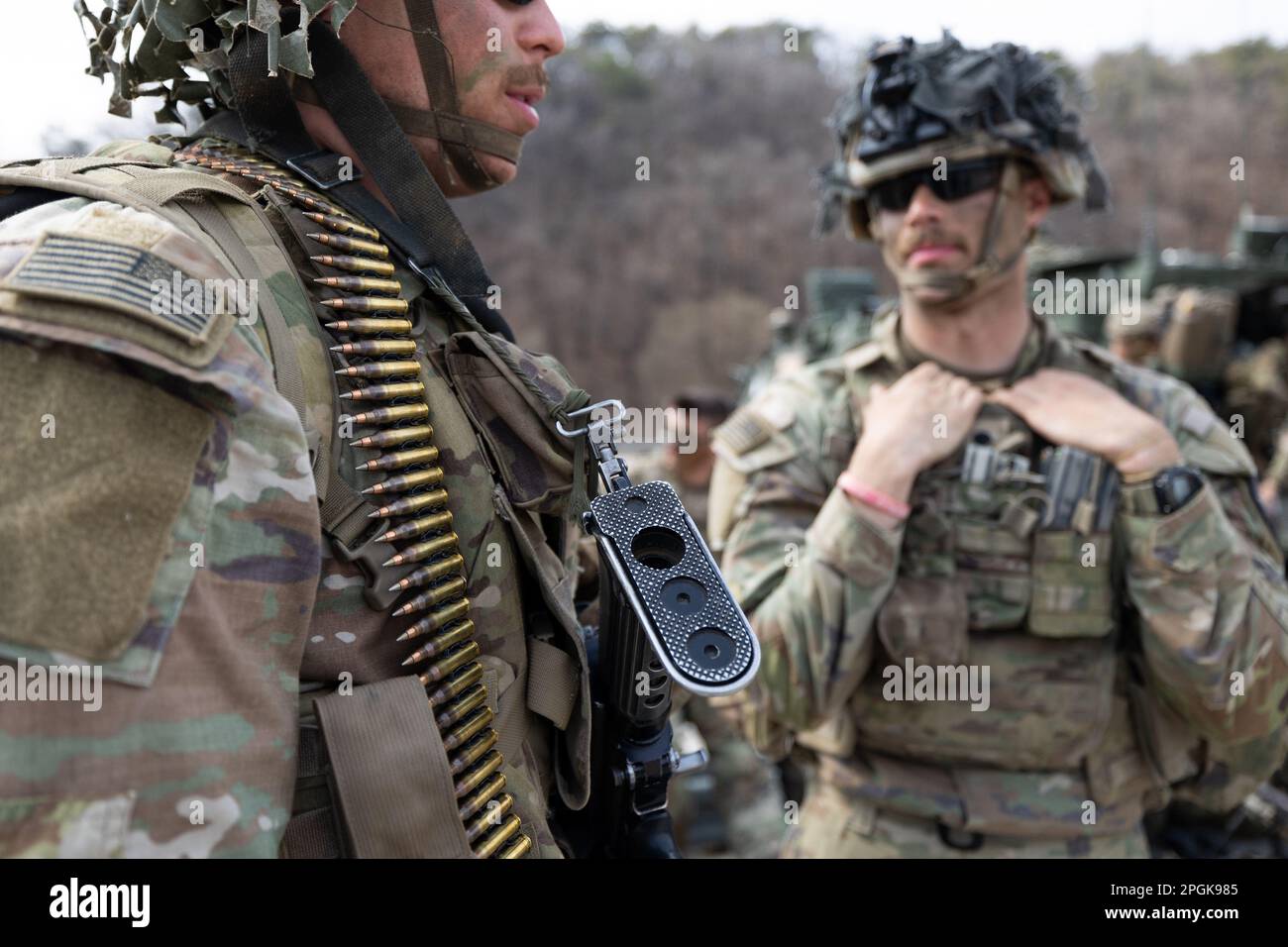 U.S. soldiers from the 2nd Infantry Division, Stryker Battalion prepare ...