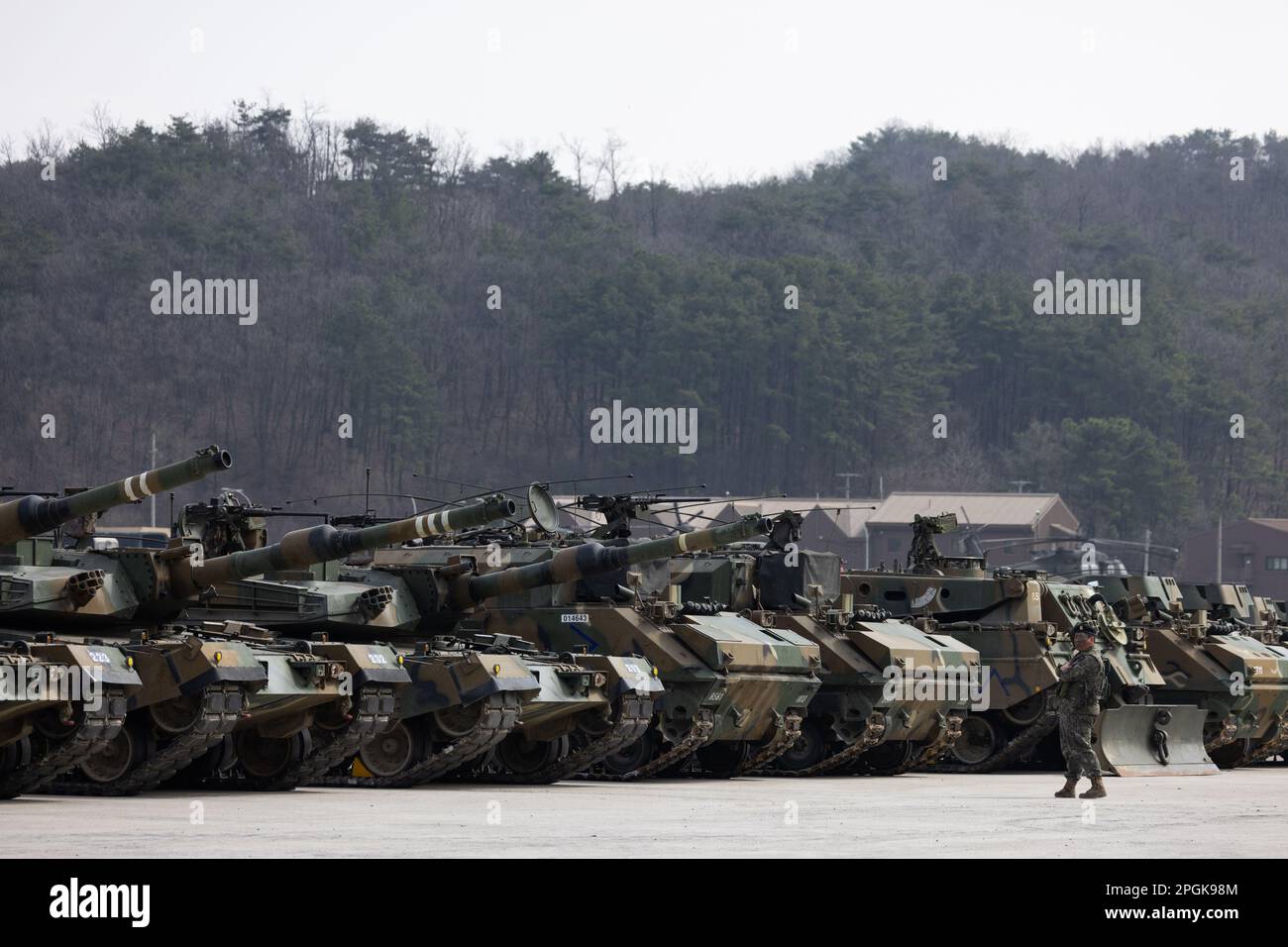 South Korean army K1A1 tanks, manufactured by Hyundai Rotem Co., during ...