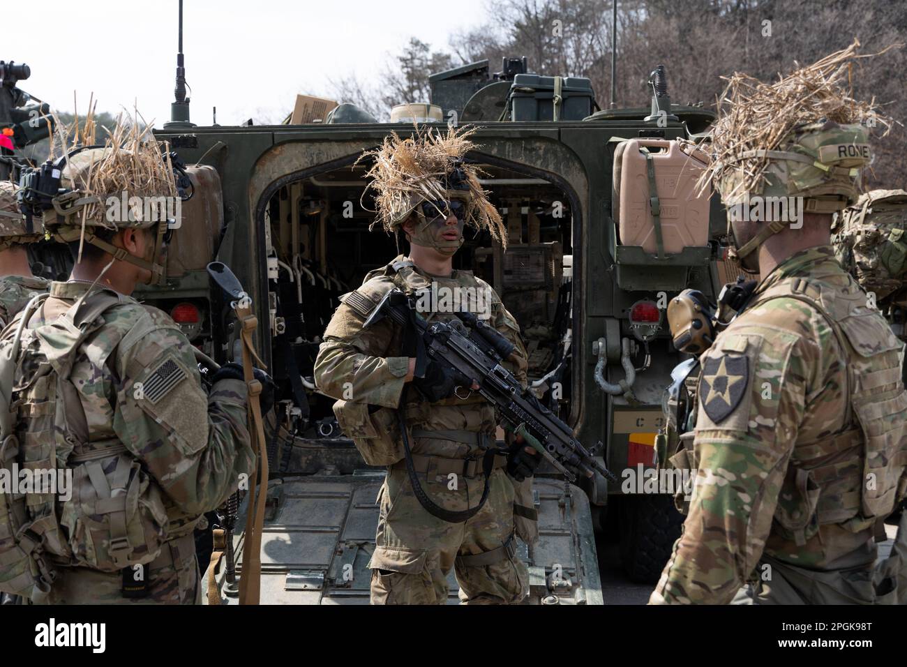 U.S. soldiers from the 2nd Infantry Division, Stryker Battalion prepare ...