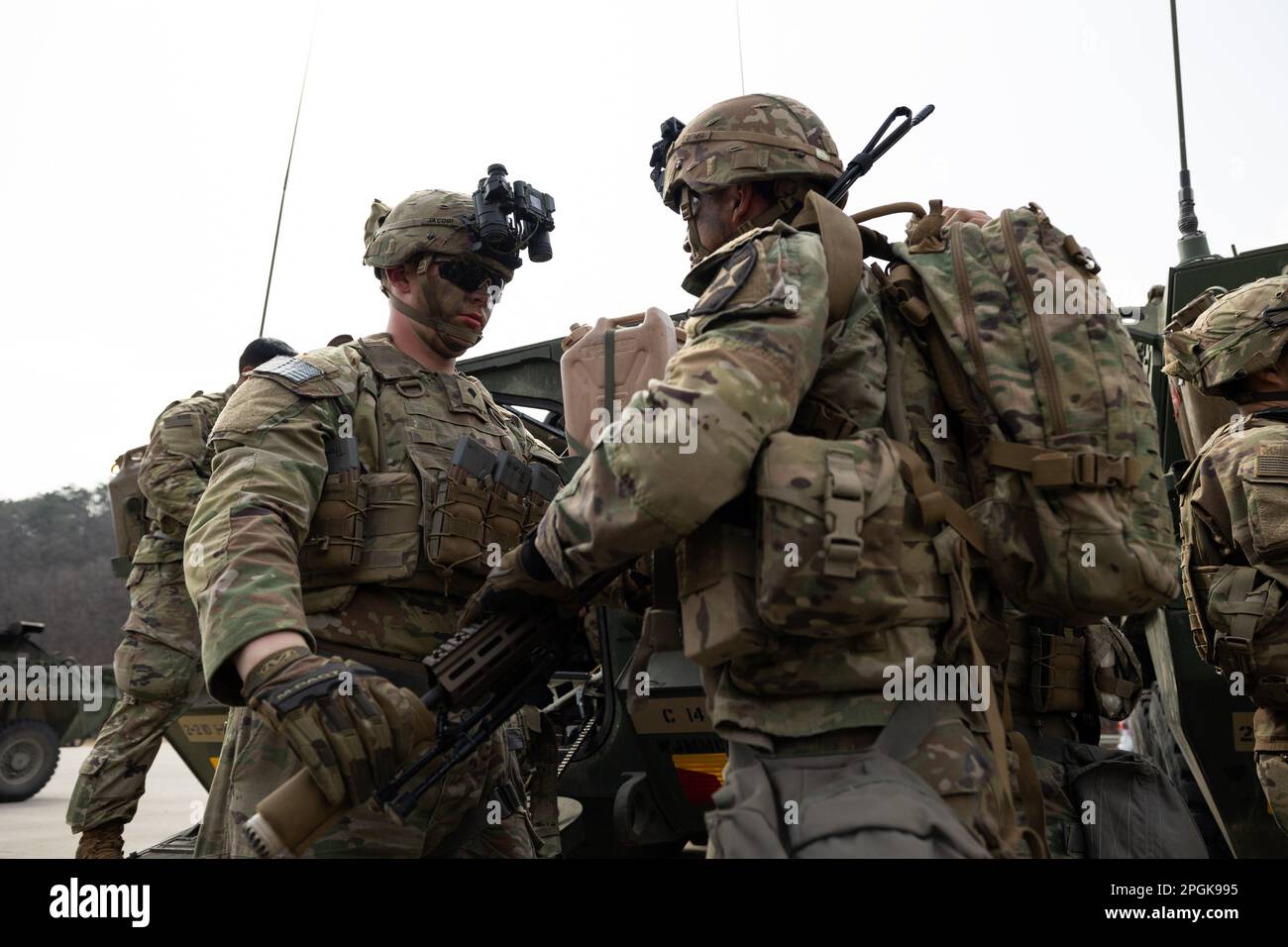 U.S. soldiers from the 2nd Infantry Division, Stryker Battalion prepare ...