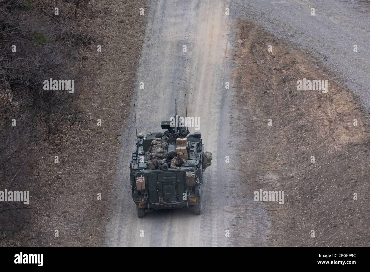U.S. soldiers from the 2nd Infantry Division, Stryker Battalion on a ...