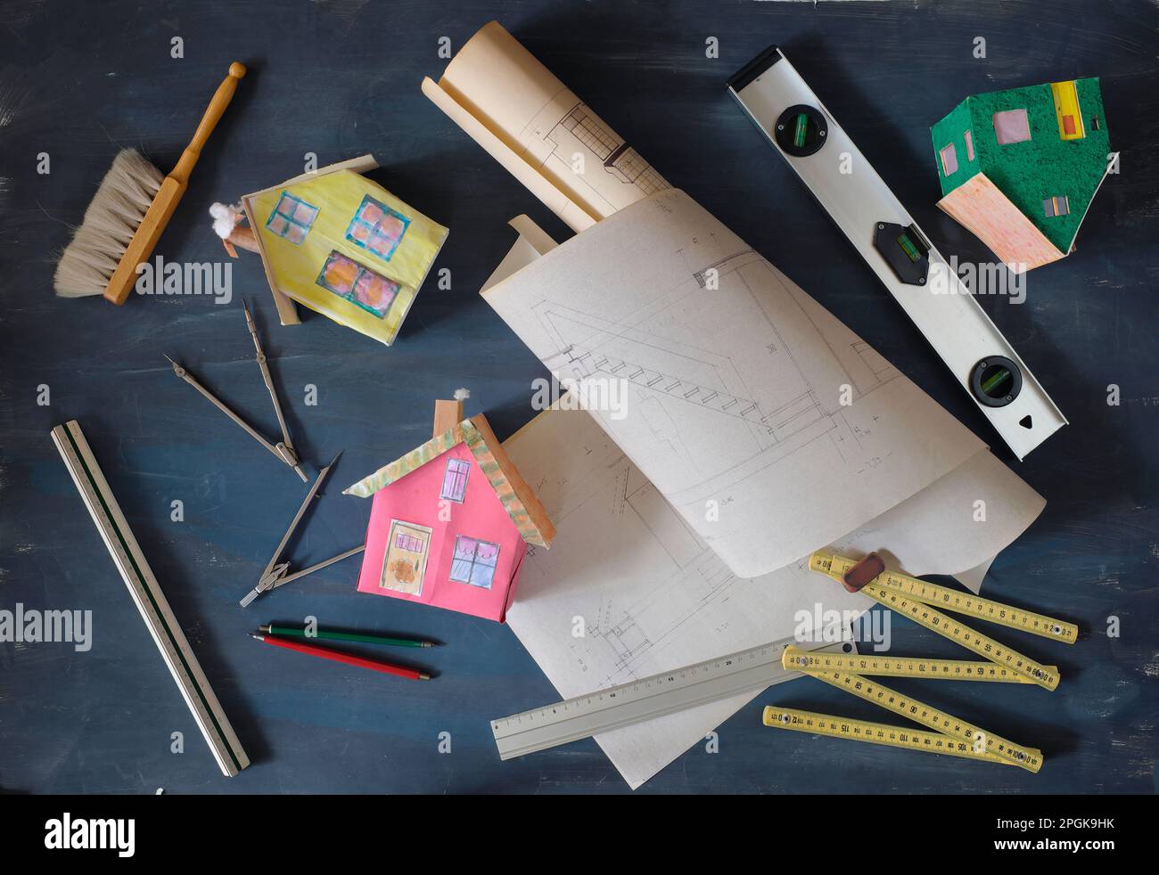 Construction and architecture concept.Fictional drawing and plan of a ...